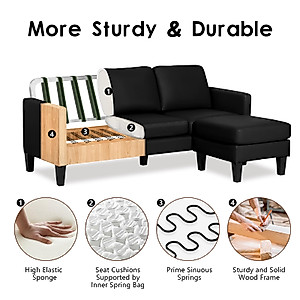 MAGIC UNION PU Leather Convertible Sectional Couch Sofa, Grey L-Shape Sectional Sofa with Chaise Reversible, 3-Seat Modern Linen Fabric Small Couches for Living Room (Black)