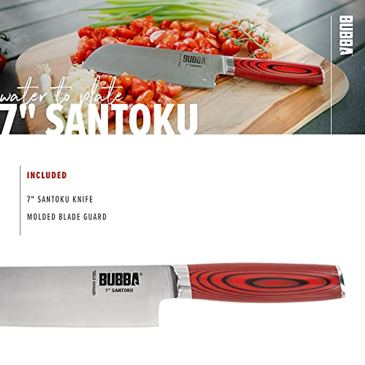 BUBBA Kitchen Series 7" Santoku Knife, an all-purpose kitchen knife for produce, veggies, fish or meat with a premium German Steel Blade for all your kitchen needs
