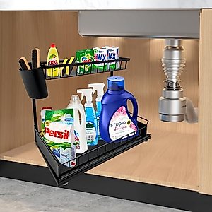 ZWMSSLL Under Sink Organizer, 2 Tier Sturdy, Durable Bathroom-Kitchen Storage Rack with Quiet Sliding, Adjustable, Multi-Purpose Design for Sink and Cabinet Storage