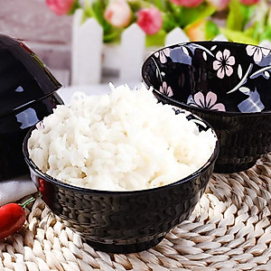 Whitenesser Japanese Style Rice Bowls set of 4, Ceramic Rice Bowls for Soup Cereal Oat (4, Black Sakura)