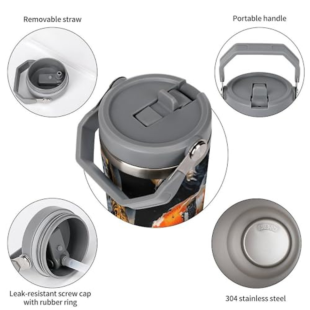 Japan Fancy Carp Fishes 30oz Stainless Steel Insulated Tumbler with Straw & Foldable Handle - Leakproof, Double-Wall Vacuum Travel Thermos for Hot/Cold Drinks, Non-Slip Base, Fit Cup Holders