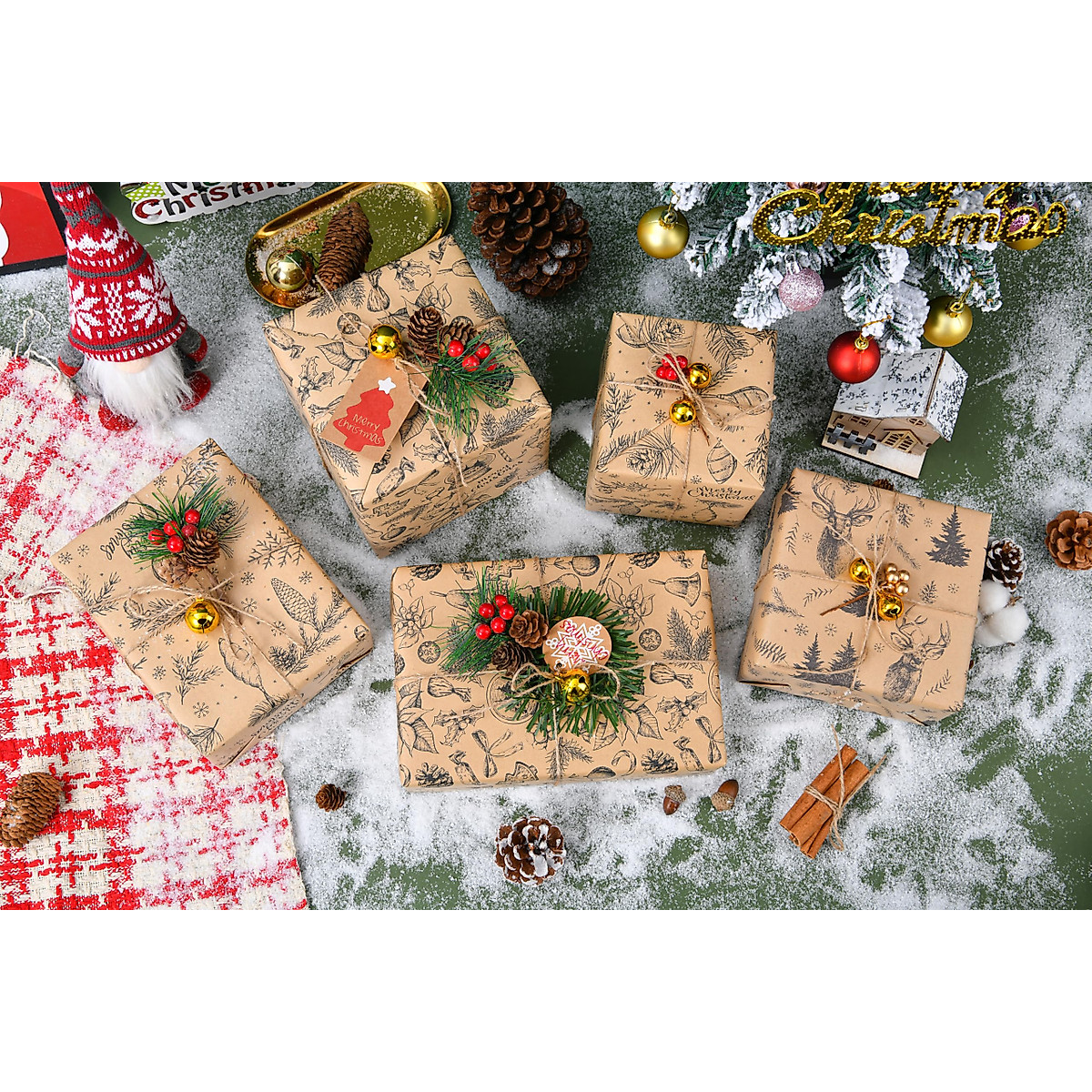 Titiweet Vintage Christmas Wrapping Paper Roll - Mini Roll 17" X 120" Kraft Christmas Wrapping Paper, 3 Rolls Aesthetic Christmas Wrapping Paper(Vintage Christmas)