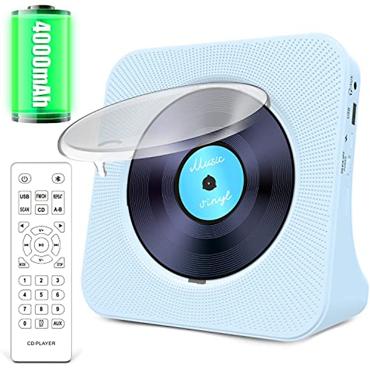 Greadio CD Player Portable with Bluetooth, 4000mAh Rechargeable Battery, HiFi Sound Speaker with Remote Control, Dust Cover, FM Radio, LED Screen,Support AUX/USB,Headphone Jack for Home,Kids,Kpop,Gift