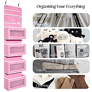 Heavy Duty Over Door Organizer, Wall Mount Hanging Organizer Storage with 4 Large Capacity Pockets, Closet Bathroom Nursery Bedroom Dorm, Toys Cosmetics Sundries and Baby Essentials, Pink