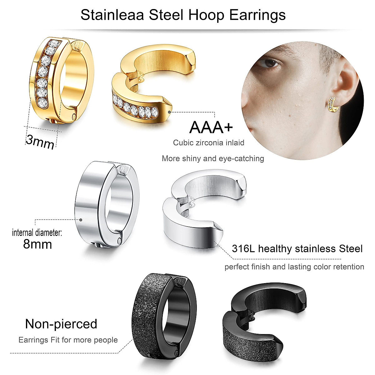 FIBO STEEL 9 Pairs Non-Piercing Earrings Stainless Steel Clip On Hoop Earrings For Men Women Paved CZ Ear Clip