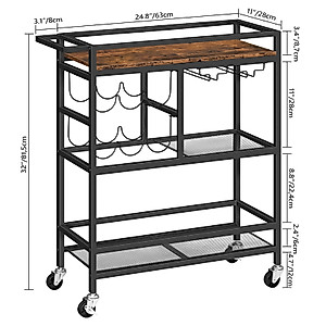 MAHANCRIS Bar Cart for Home, 3-Tier Serving Cart with Wheels and Handle, Beverage Cart with Wine Rack and Glass Holders, Rolling Wine Cart for Kitchen, Dining Room, Rustic Brown RCHR6101