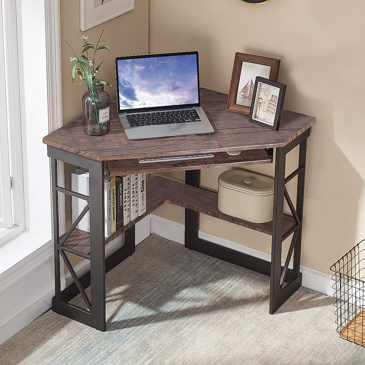 VECELO Corner Computer Desk 41 x 30 inches with Smooth Keyboard & Storage Shelves for Home Office Workstation,Rustic Brown