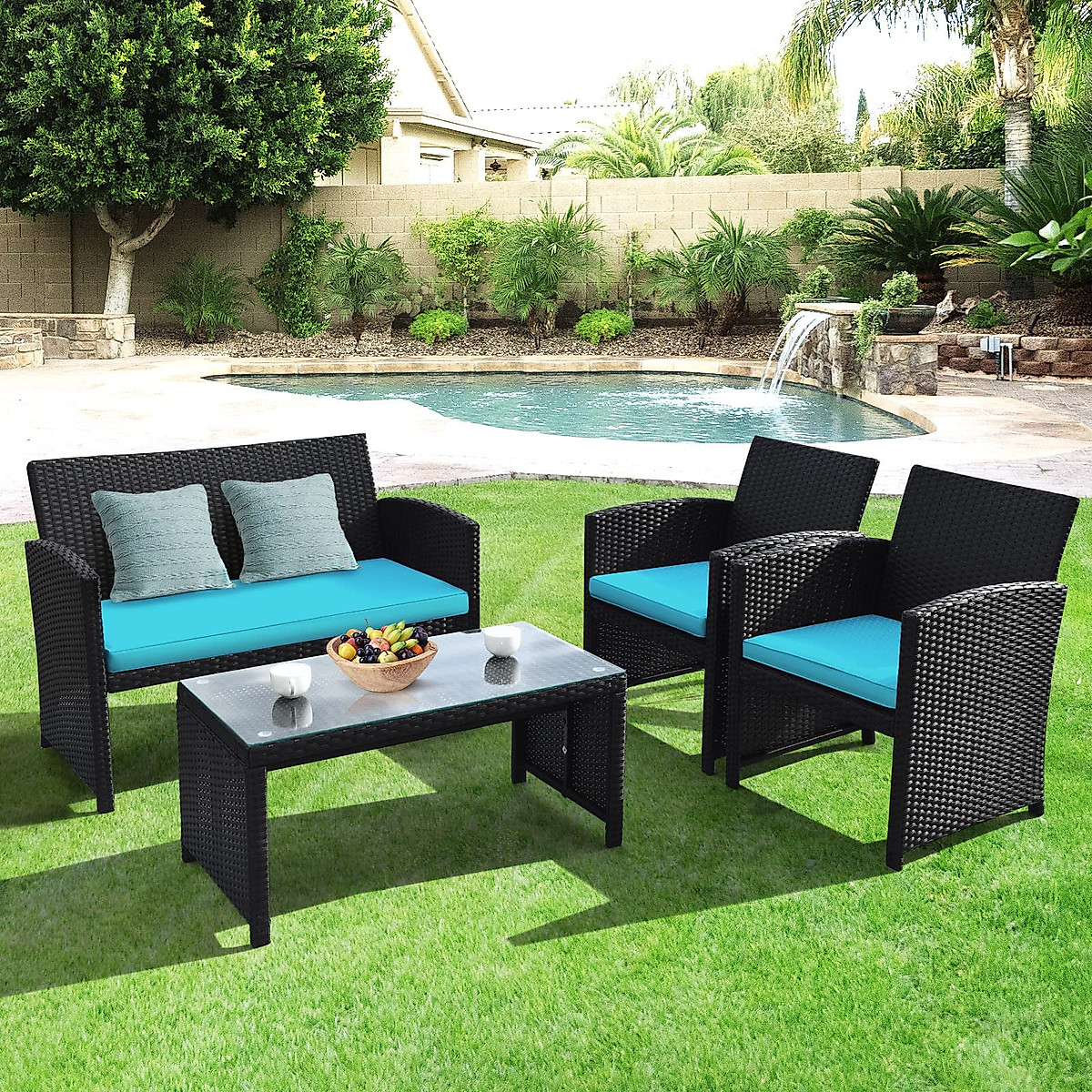 Goplus Rattan Patio Furniture Set 4 Pieces, Outdoor Wicker Conversation Sofa and Table Set with Soft Cushions & Tempered Glass Coffee Table for Balcony Garden Backyard (Turquoise)