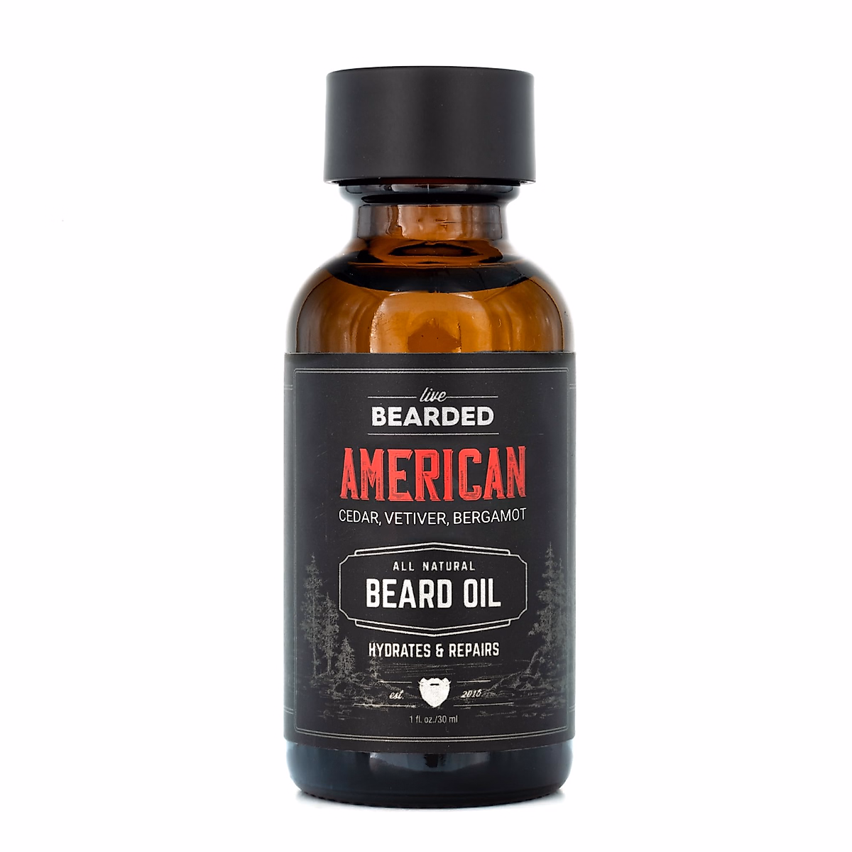 Live Bearded Beard Oil, 1 fl oz - Premium All-Natural Jojoba - Made in the USA - Hair and Skin Care for Men with Dry, Flaky Patches | American Scent - Cedar, Pine, Vetiver, Bergamont