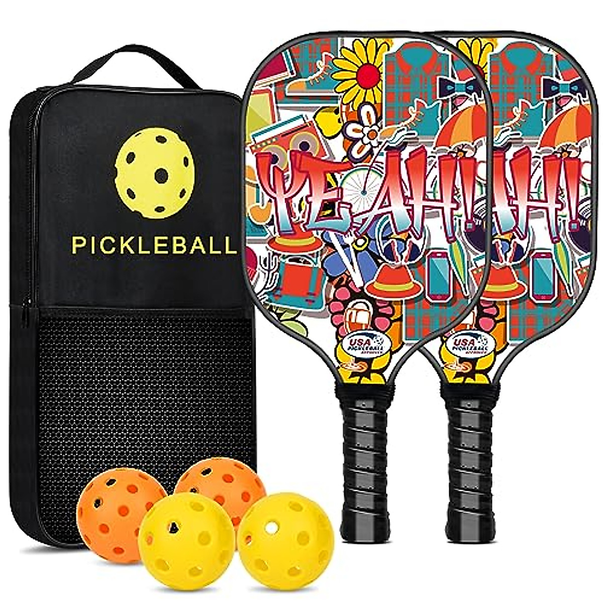 QDBM Pickleball Paddles, USAPA Approved, Fiberglass Pickleball Set with 4 Pickleballs, 2 Pickleball Paddles, 1 Pickleball Bag, Lightweight Design for Men Women Beginers Pickleball Paddles Set of 2