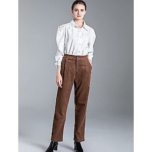 Minibee Women's Cropped Corduroy Pants Elastic Waist Retro Trouser with Pockets Brown