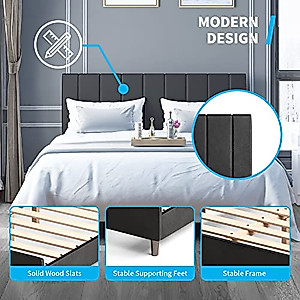 Mjkone Queen Size Bed Frame with Adjustable Headboard,Platform Bed Frame with Modern Geometric Headboard&Wood Slat Support,Queen Bed Base Frame No Box Spring Needed,Easy Assembly,Black
