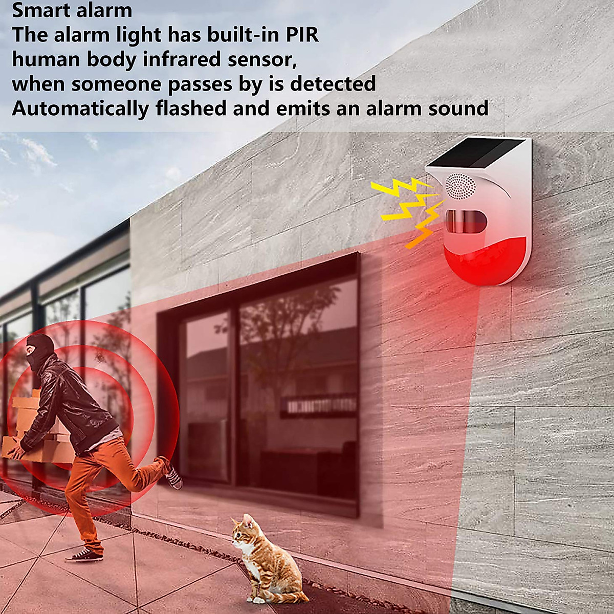 Solar Strobe Light with Remote Controller, Solar Alarm Light with Motion Detector 130db Sound Security Siren 24 Hours+Night Mode+7 Modes IP65 Waterproof for Home, Farm, Barn, Villa, Yard