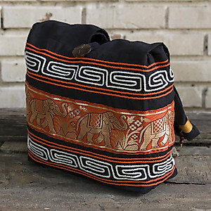 NOVICA Artisan Handmade Cotton Blend Shoulder Bag Black Vermilion from Thailand Wood Handbags Orange Gold Tone Embroidered Animal Themed Elephant ' Thai Elephants in Vermilion'