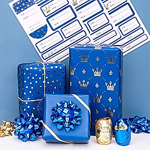 MAYPLUSS Wrapping Paper Set - Mini Roll with Bow & Ribbon & Gift Tags & Stickers - 17 inch X 120 inch Per roll - Royal Blue Design (42.3 sq.ft.TTL)
