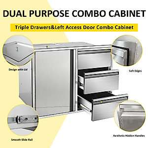 SGOLAN Outdoor Kitchen Door Drawer Combo Cabinet 28" W x 22" H x 19.5" D Stainless Steel Built-in Triple Drawers&Access Door Combo Cabinet for Outdoor Kitchen Island