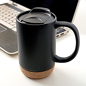 Cork Base Ceramic Mug with Lid (Set of 2) - 17 oz. Oversized Coffee Mugs Set with Removable Insulated Cork Bottom & Spillproof Lids - Great for Tea & Hot Cocoa - Wash in Dishwasher - BLACK
