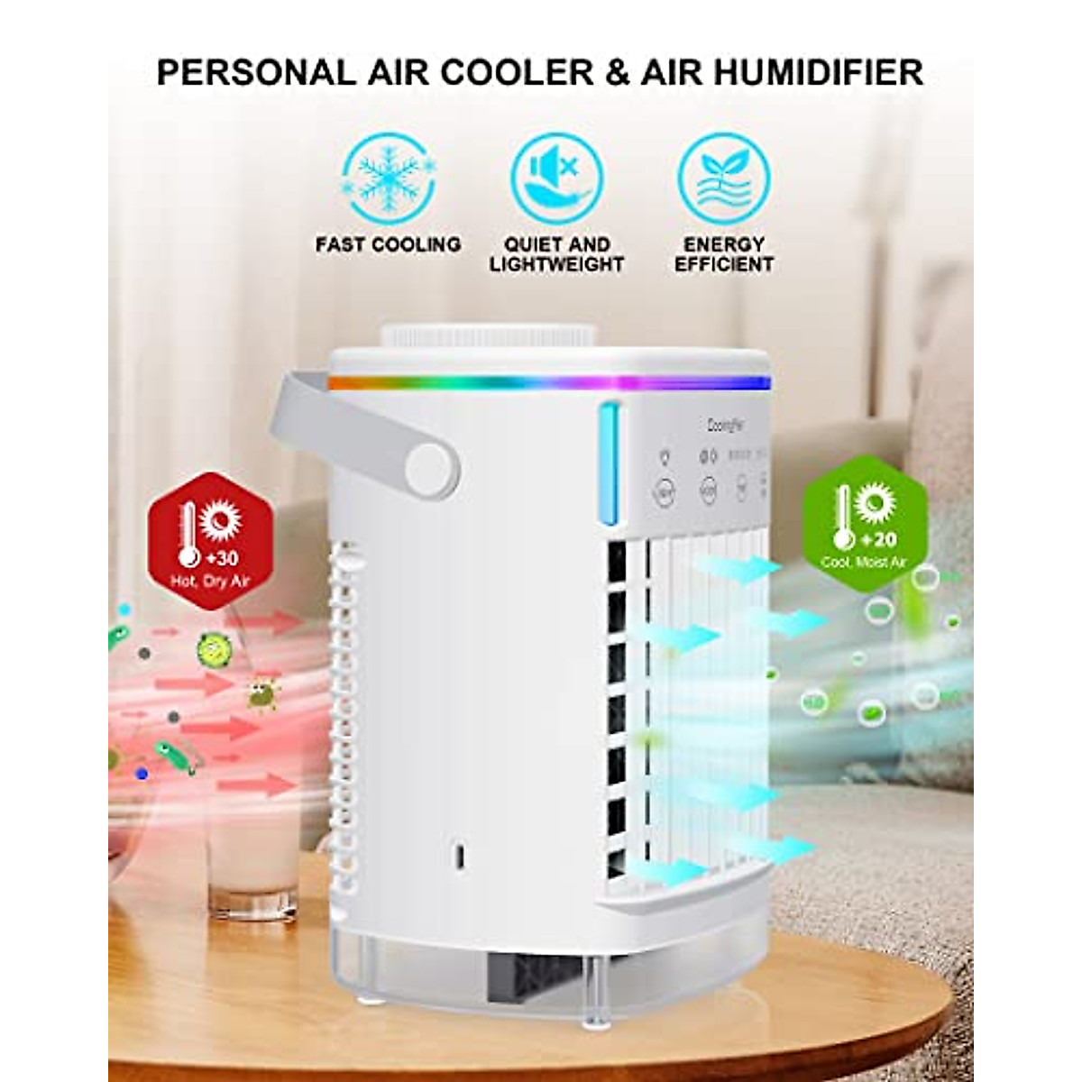 Portable Air Fan, Evaporative Air Cooler with 7 Color Light, Fans that Blow Cold Air, Personal Air Conditioner Fan for Room Office Table