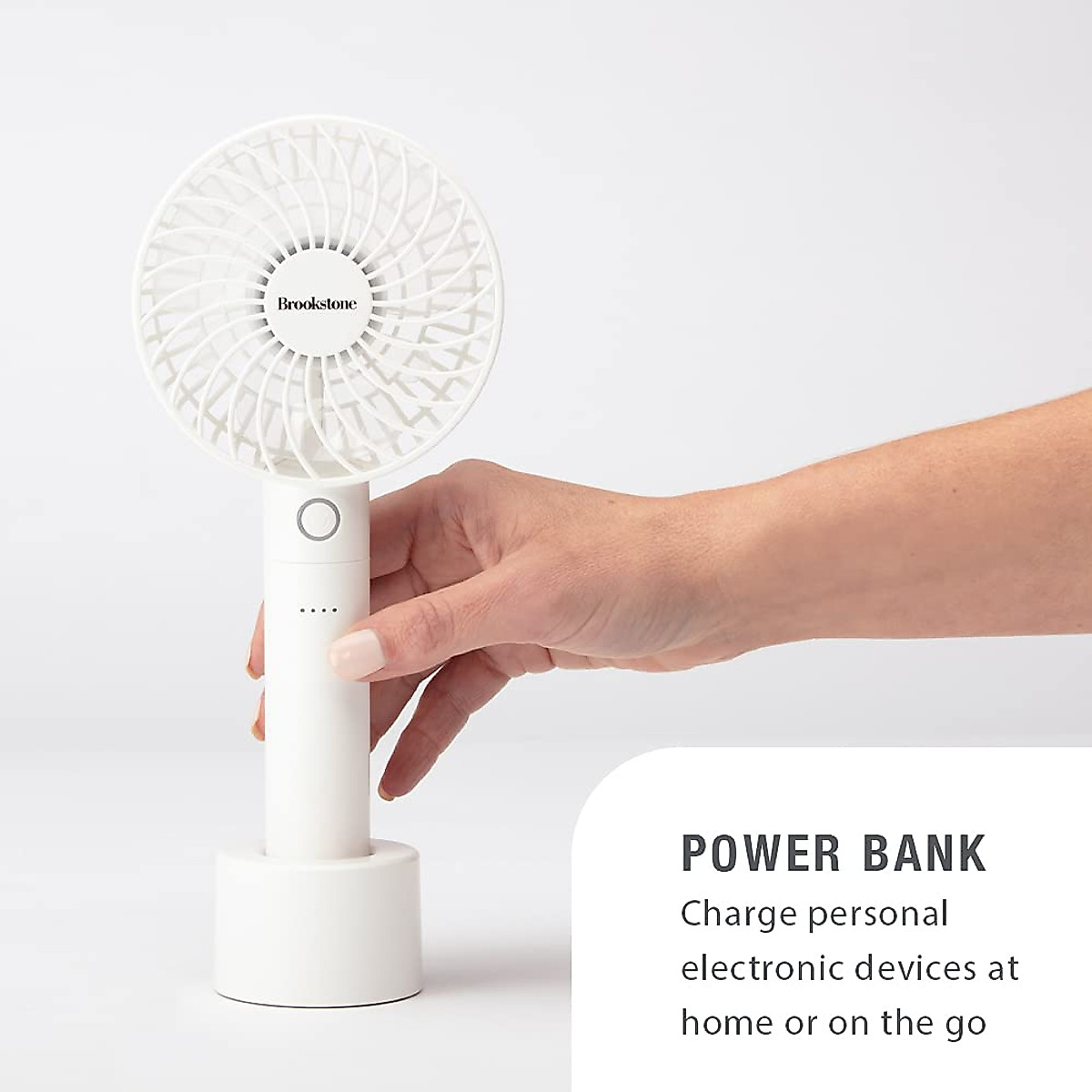 Brookstone Portable Mini Personal Fan with Power Bank | USB Rechargeable 2600mAh Battery | Handheld Desk Fan | Whisper Quiet 5-Speed