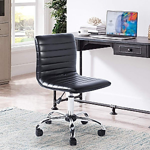 Homylin Leather Office Chair, Height Adjustable, Swivel Mid Low Back, Armless Ribbed Modern Computer Desk Chair with Casters for Home Administration Staff, Black