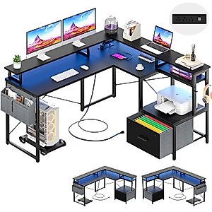 Unikito L Shaped Desk with File Drawer, Reversible L Shaped Computer Desk with Power Outlet & LED Lights, Home Office Desk Corner Desk with Monitor Shelf and Printer Cabinet, Gaming Desk, Black