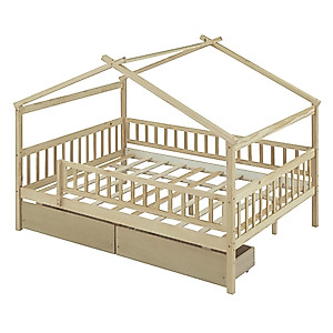 House Bed with Fence Storage, Full Size Montessori Style Beds with Railings and 2 Drawers, Wooden Playhouse Bed Frame for Kids Girls Boys, Natural