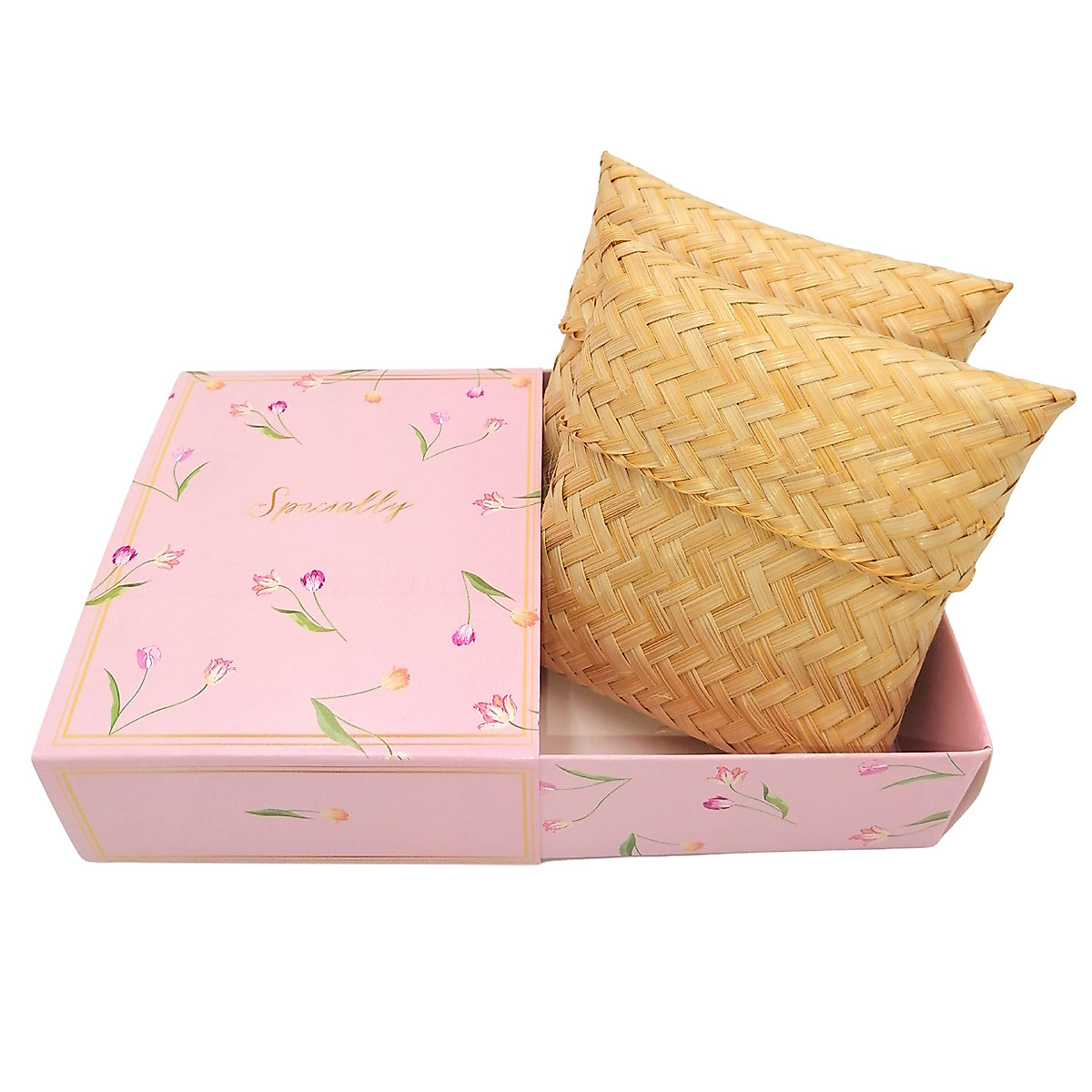 Sticky Rice Basket 4(3.5) x 4(3.5) In., Kratip Bamboo Steamed Sticky Rice Container, Thailand Handmade Serving Basket, Original Color, Thai and Laos Flat Kratib for Home, Restaurant (Flat Kratip 2)