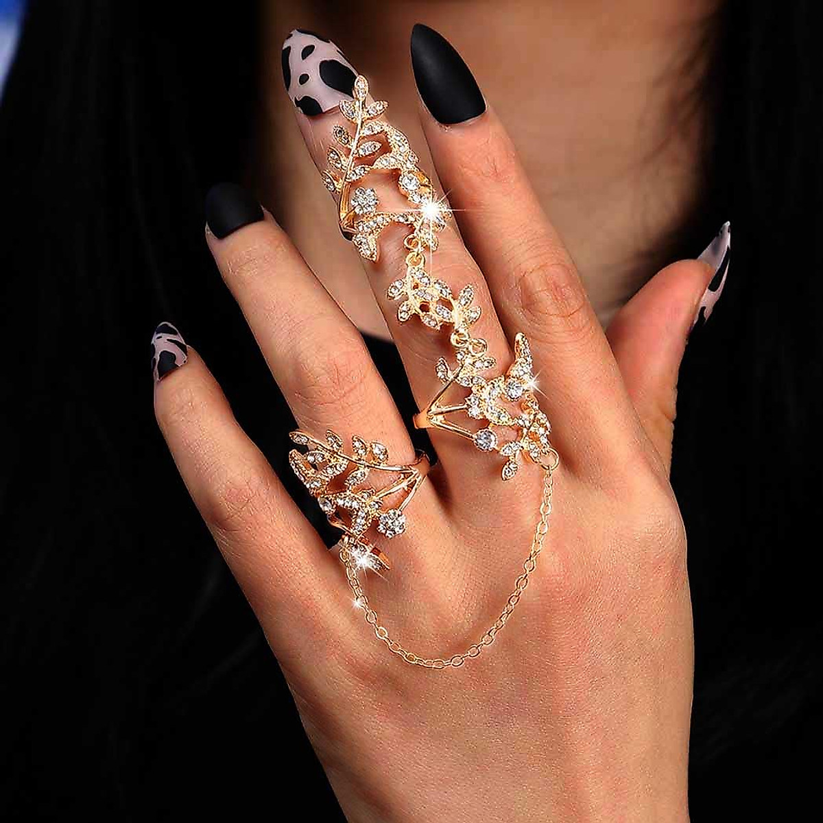 Yalice Charm Leaf Full Finger Ring Bracelets Dainty Knuckle Open Ring Harness Hand Chains Adjustable Statement Rings Jewelry for Women Gift (Gold-2)