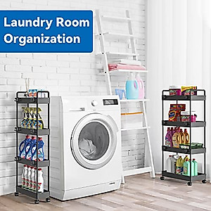 2 Pack 4 Tier Slim Storage Cart, Bathroom Organizer Laundry Room Organization Mobile Shelving Unit Slide Out Utility Rolling Rack with Wheels for Kitchen Garage Office Small Apartment Narrow Space