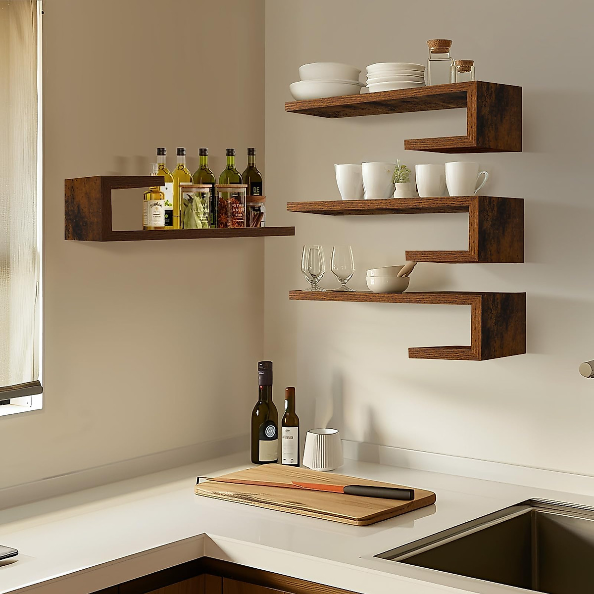 Golden State Art, Floating Shelves, 15.75 in, Brown, Set of 4, Modern Wall Shelves for Wall Decor, Living Room/Bedroom/Kitchen/Home Office, Floating Shelf for Home Storage