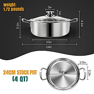 AuFranc® 4 Quart Tri-ply Stainless Steel Stockpot with Glass Lid, Induction Stock Pot Compatible with All Cooktops, Non-Toxic Soup Pot with Riveted Handles, Oven & Dishwasher Safe (Silver)