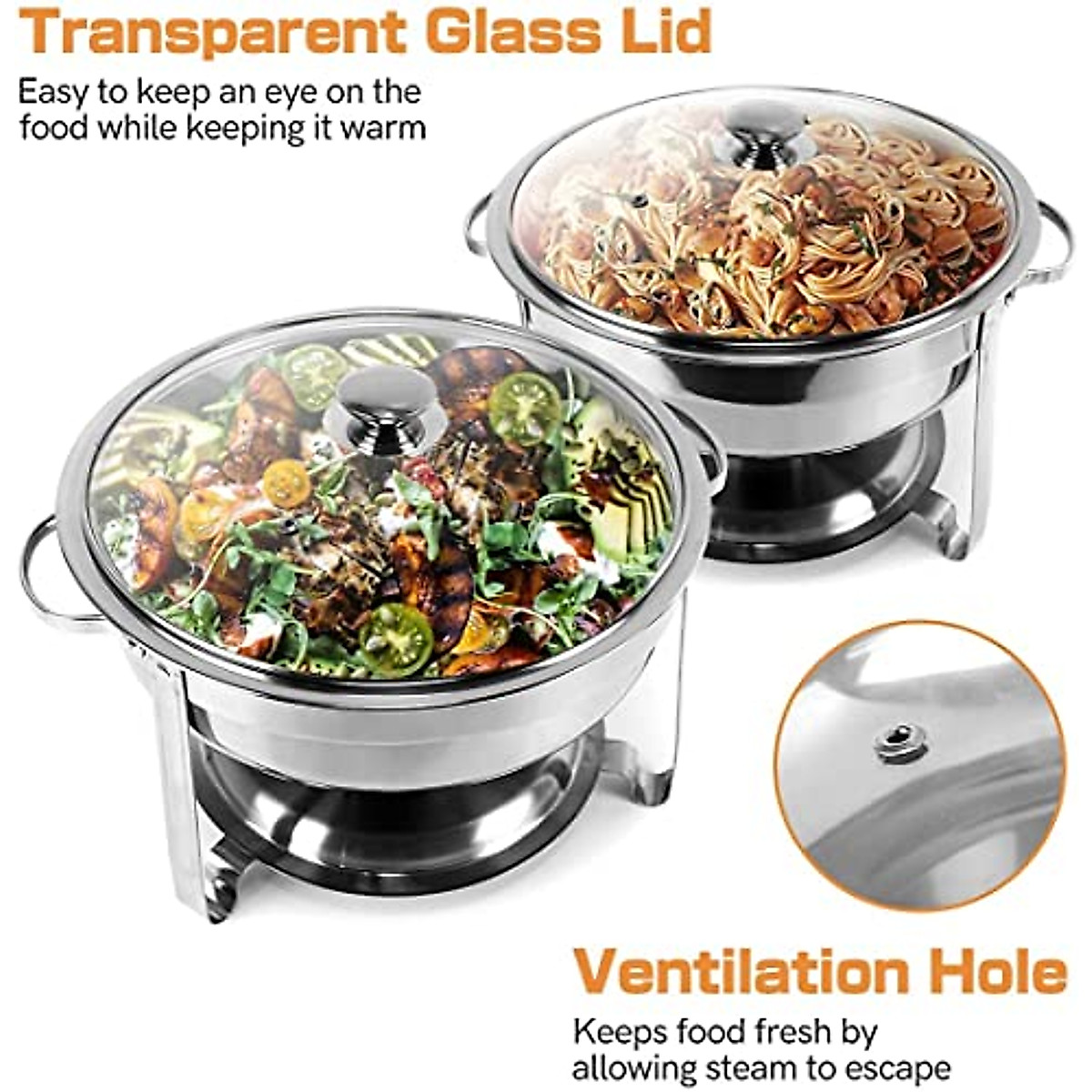 BriSunshine 2 Packs 4 QT Round Chafing Dish Set, Stainless Steel Chafing Dishes for Buffet, Food Warmers with Glass Lid & Holder for Weddings Parties Catering