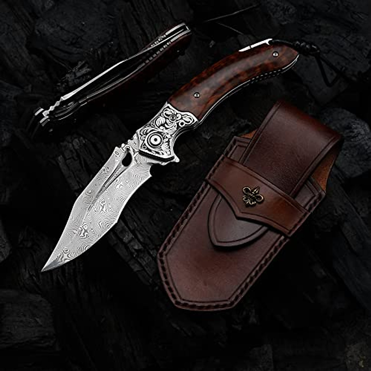 SPIRIT DEED Japanese VG 10 Damascus Steel Folding Knife, Outdoor Wilderness Survival Pocket Knife, Snake Wood Handle Lined Lock, Leather Sheath, EDC Pocket Knife