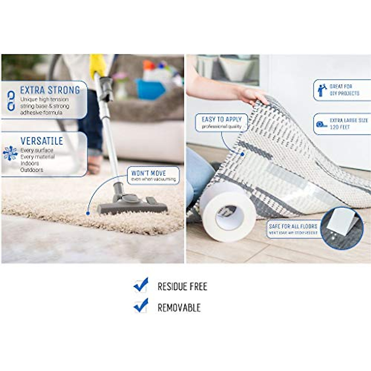 Sugarman Creations Strongest Double Sided Carpet Tape, 2 Inch by 40 Yard, 120 feet! 2X More! 5 Stars Professional Grade, Industrial Strength, Heavy Duty Rug and Carpet Underlayment Adhesive