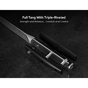 Piklohas Steak Knives Set of 4, 4.5 Inch Non Serrated Dinner Knife, Forged German Steel Damascus Pattern Straight Edge Meat Knife with Full Tang Handle, Dishwasher Safe, Ideal for Gift