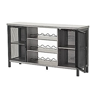 SOSPIRO Bar Cabinet with Wine Rack, LED Lights Industrial Coffee Bar Cabinet for Liquor and Glasses, Liquor Cabinet Bar for Home, Wine Bar Cabinet with Adjustable Shelves (Grey)