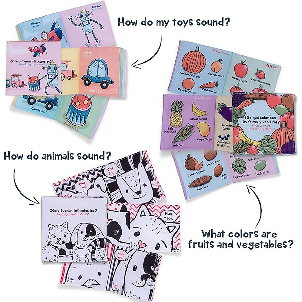 Bilingual Books for Babies | 3 Cloth Book Set Written in Spanish and English | Early Learning Sensory Development for Babies | Crinkle Touch | High Contrast Infant Toys For Early Development