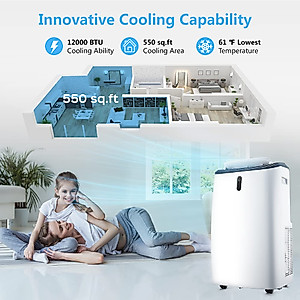 Portable Air Conditioner - Rintuf 12000 BTU Portable AC, Cools Rooms up to 550 Sq.ft, Also as Dehumidifier & Fan & Smart Timer, with Handy Remote, Washable Filter, Universal Wheels, Window Kit