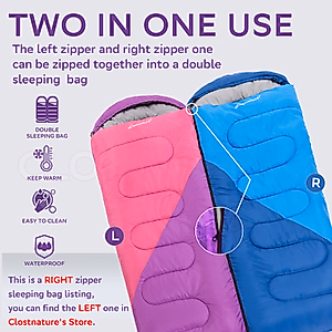 Clostnature Sleeping Bag for Adults and Kids - Lightweight Camping Sleeping Bag for Girls, Boys, Youths, Ultralight Backpacking Sleeping Bag for Cold Weather - Compression Sack Included(Right Zipper)