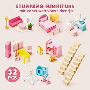 Tiny Land Wooden Dollhouse for Girls - 6 Rooms Wooden Doll House, DIY Pretend Dream House with 30Pcs Furniture Accessories, Gift for Girl Ages 3+