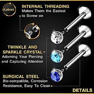 BanaVega 3PCS Surgical Steel Internally Threaded Labret 16g 1/4 6mm 3mm Sapphire Crystal Lobe Earrings Tragus Piercing Jewelry 0456