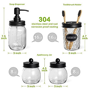 DHAEE Mason Jar Bathroom Accessories Set(6PCS) - Soap Dish,Apothecary Jar Canisters,Toothbrush Holder,Lotion Soap Dispenser,Metal Wire Storage Organizer Basket,Home,Farmhouse,Rustic Decor（Black）