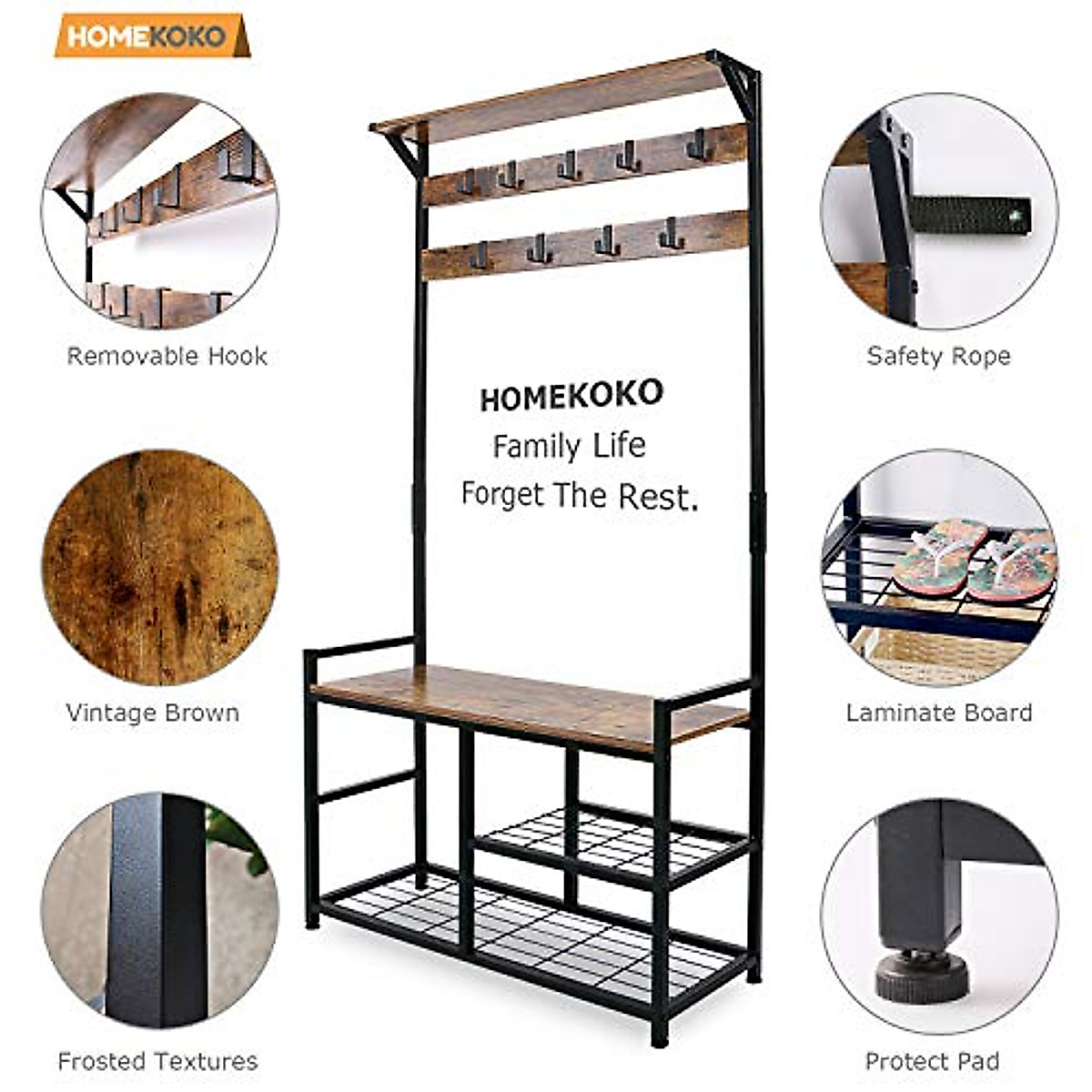 HOMEKOKO Coat Rack Shoe Bench, Hall Tree Entryway Storage Bench, Wood Look Accent Furniture with Metal Frame, 3-in-1 Design (Rustic Brown)