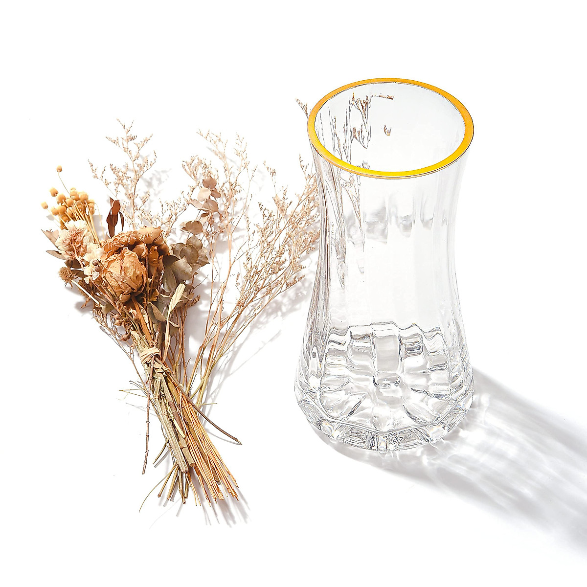 Moreast Glass Flower Vase for Home Office Decor, Crystal Clear Vase with Gold Rim and Ribbed Texture for Flower Arrangement, Spring Garden Vase 9" Tall