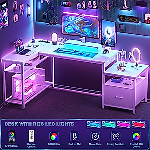 Aheaplus L Shaped Desk with Power Outlet, Standing Home Office Desk with Lift Top and File Drawer, 63'' Corner Computer Desk with Monitor Stand&Printer Shelves, Gaming Desk with Led Lights, White