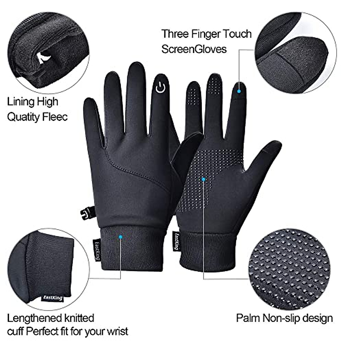 EastKing Winter Gloves for Women Men, Touch Screen Heated Gloves Water Resistant Waterproof Cold Weather Gloves for Cycling Walking Riding Running Driving Golfing for Men and Women (Black-M)