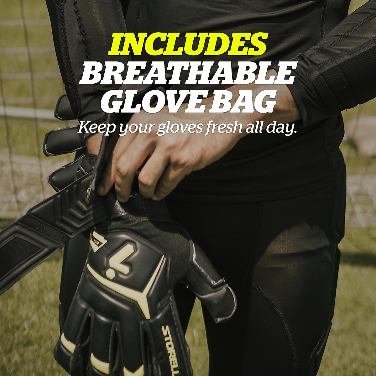 Storelli Gladiator Elite 3.0 Goalkeeper Gloves, Breathable High-Impact Hand Protection with 5 Removable Finger Spines, Premium Hand Grip for Soccer Goalies, 1 Pair, Black & Yellow, Size 9