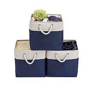 DECOMOMO Cube Storage Organizer Bins | Box Storage Cube Basket with Handles Fabric Cloth Bins for Organizing Shelf Nursery Home Closet (Navy Blue & White, 13 x 13 x 13 inch - 3 Pack)