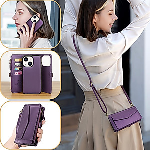 DKDKSIP for iPhone 15 Plus Wallet Case for Women, Support Wireless Charging with RFID Blocking Card Holder, PU Leather Zipper Wallet Detachable Magnetic Phone Case with Crossbody Strap, Purple