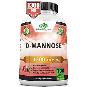 D-Mannose 1,300 mg with Cranberry Extract Fast-Acting, Flush Impurities, Natural Urinary Tract Health- 100 Veggie Capsules